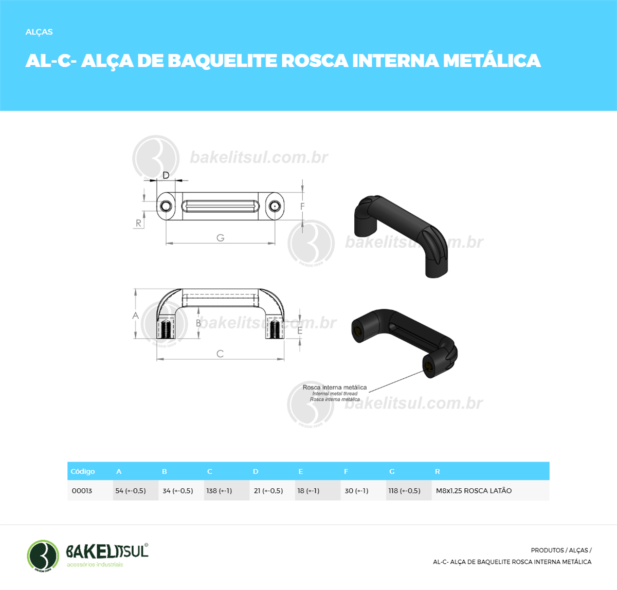 ALÇA DE BAQUELITE ROSCA INTERNA METÁLICA - Bakelitsul