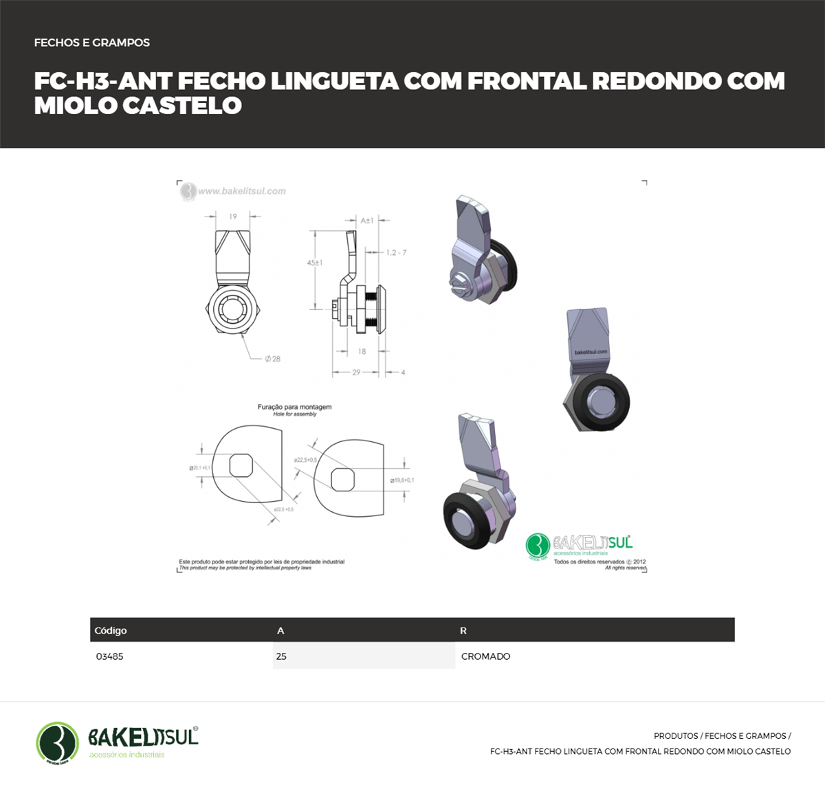 FECHO LINGUETA METÁLICO MIOLO CASTELO FC-H3 - Bakelitsul