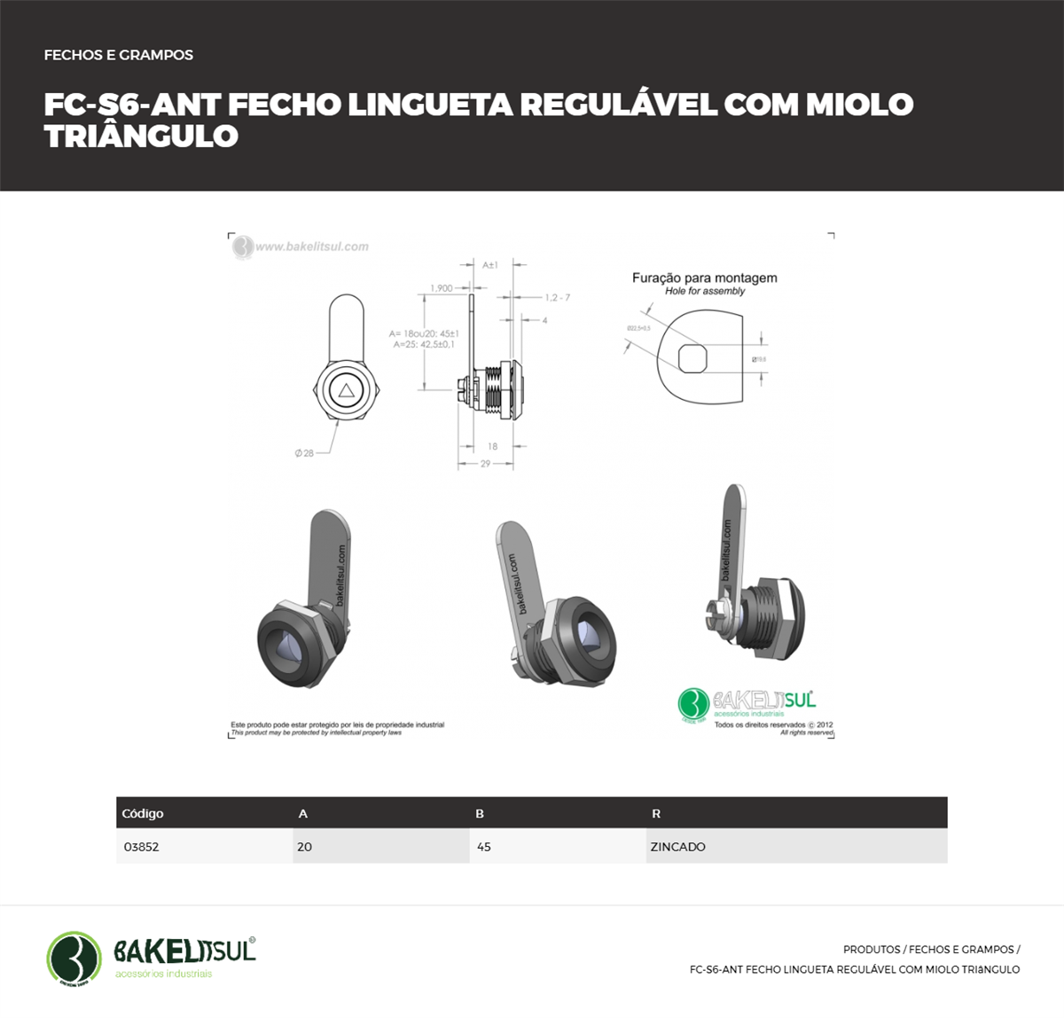 FECHO LINGUETA MIOLO TRIÂNGULO FC-S6 - Bakelitsul