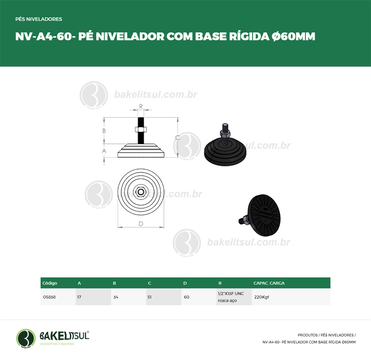 PÉ NIVELADOR ROSCA EXTERNA BASE 60 RÍGIDA - Bakelitsul