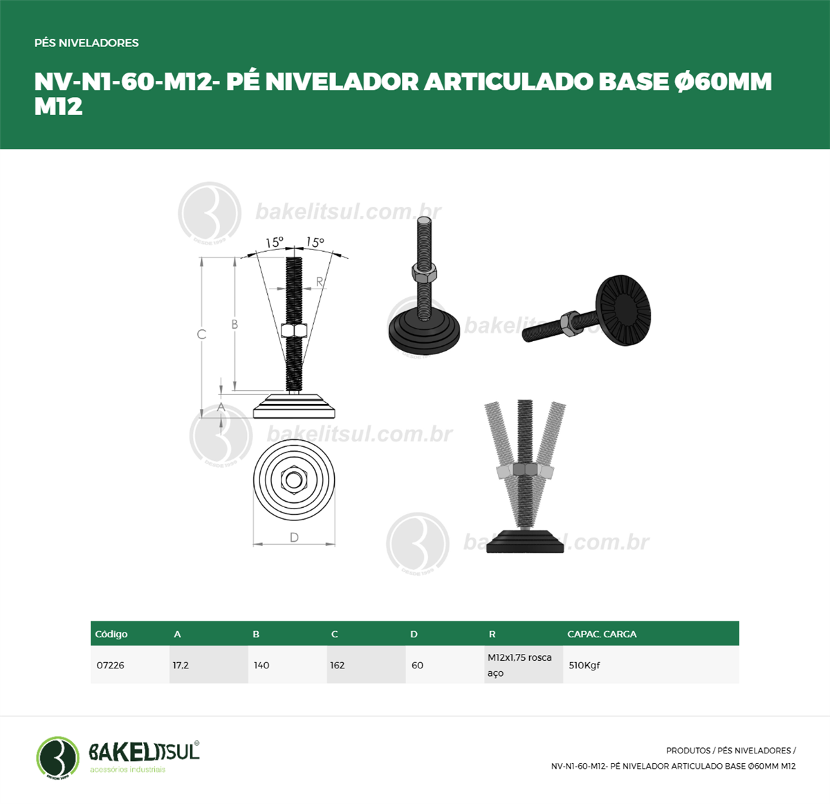 PÉ NIVELADOR ARTICULADO N1 BASE 60 M12 - Bakelitsul