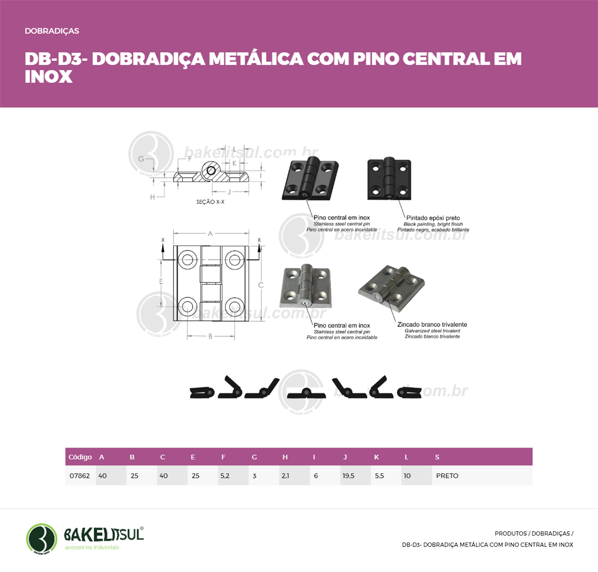 DOBRADIÇA METÁLICA INOX DB-D3 - Bakelitsul