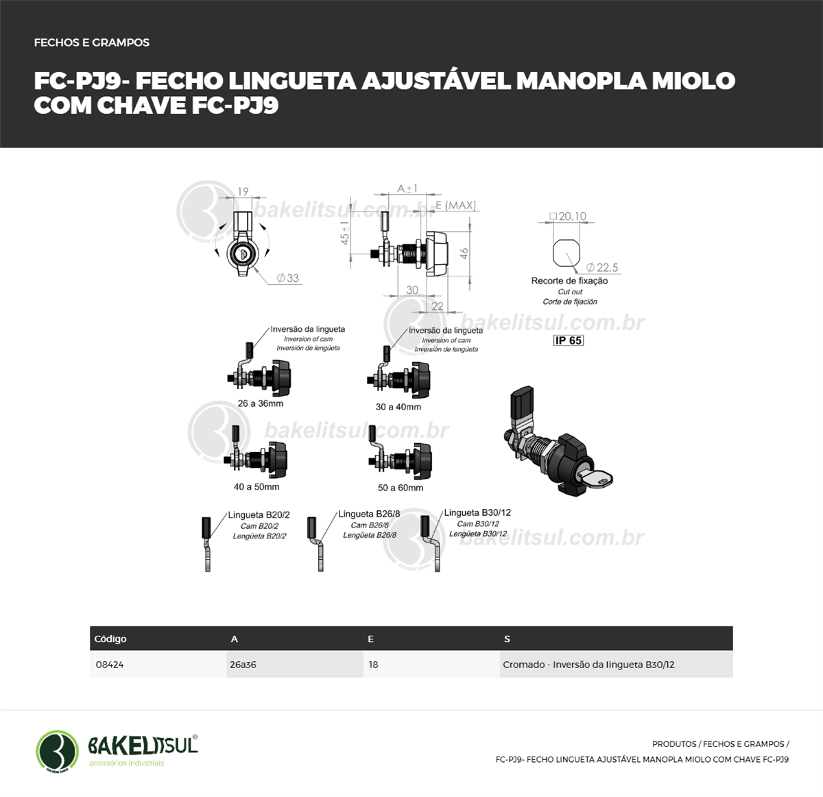 FECHO LINGUETA REGULÁVEL MANOPLA COM CHAVE FC-PJ9 - Bakelitsul