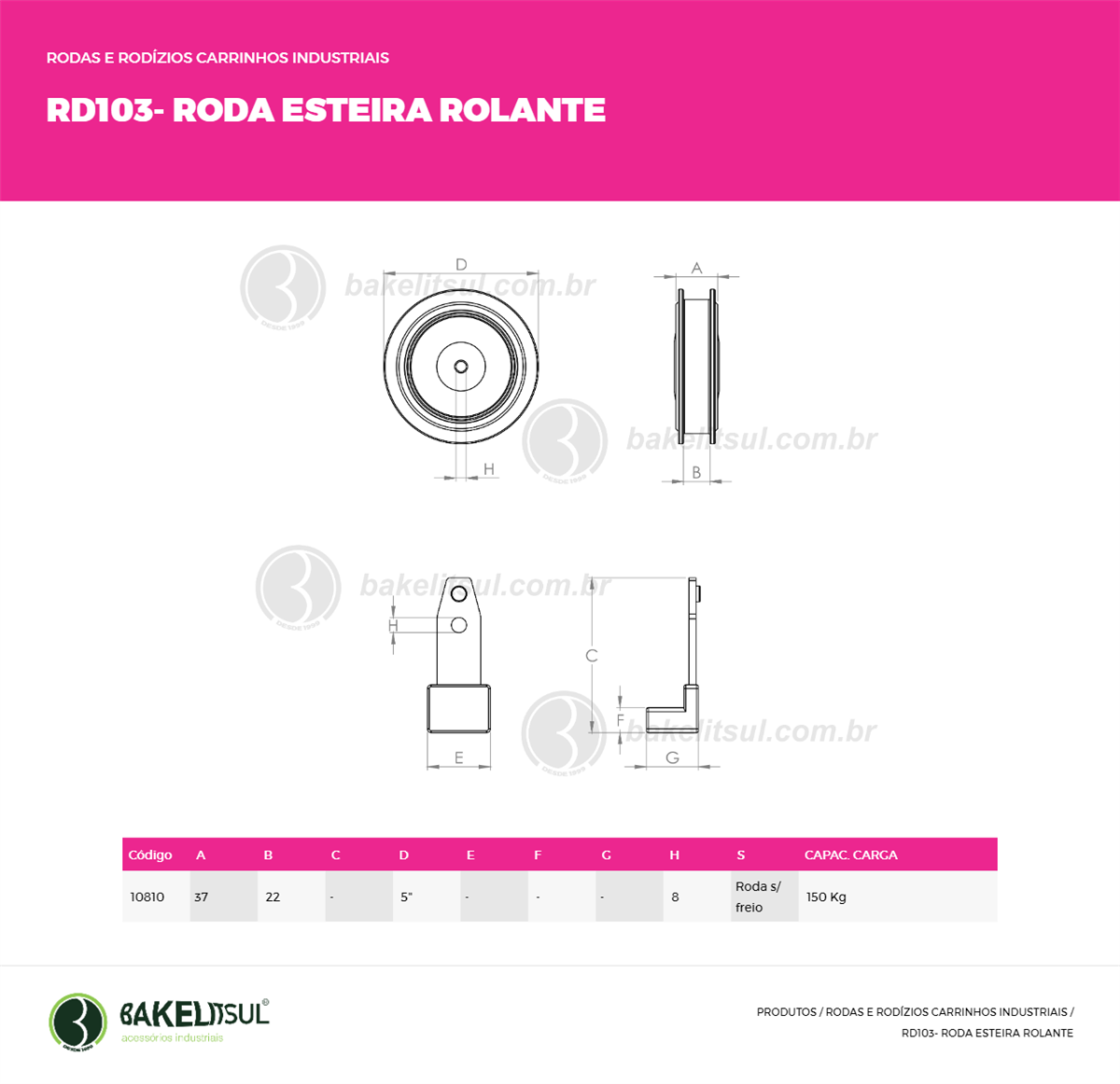 RODA PU PLÁSTICA ESTEIRA ROLANTE 100 A 150KGF - Bakelitsul