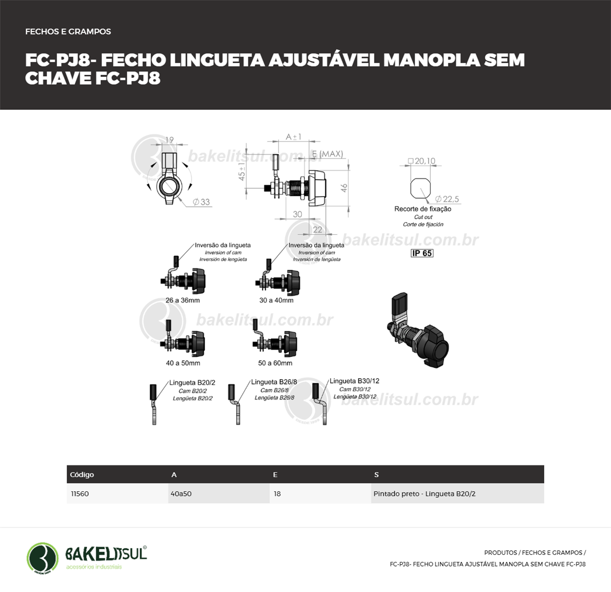 FECHO LINGUETA REGULÁVEL MANOPLA FC-PJ8 - Bakelitsul